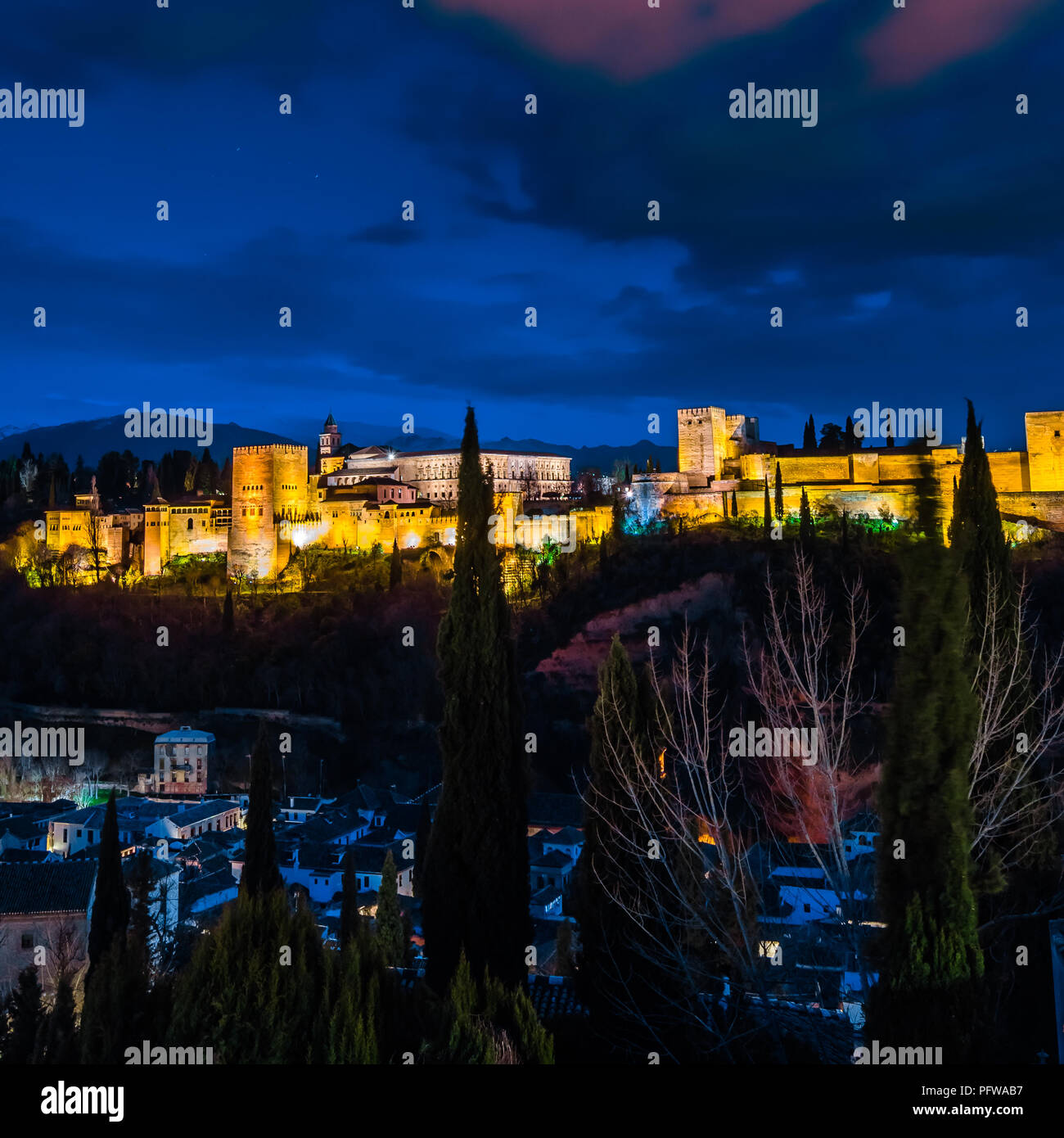Cityscape of Granada, southern Spain, with the Alhambra Palace in the ...