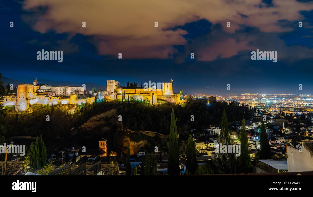 Cityscape of Granada, southern Spain, with the Alhambra Palace in the ...