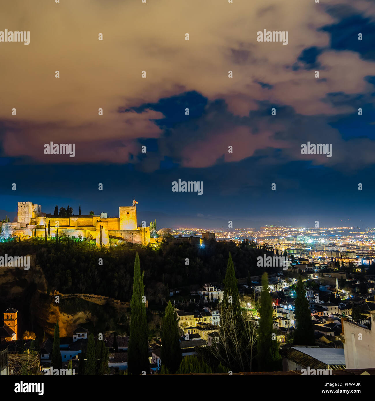 Cityscape of Granada, southern Spain, with the Alhambra Palace in the ...
