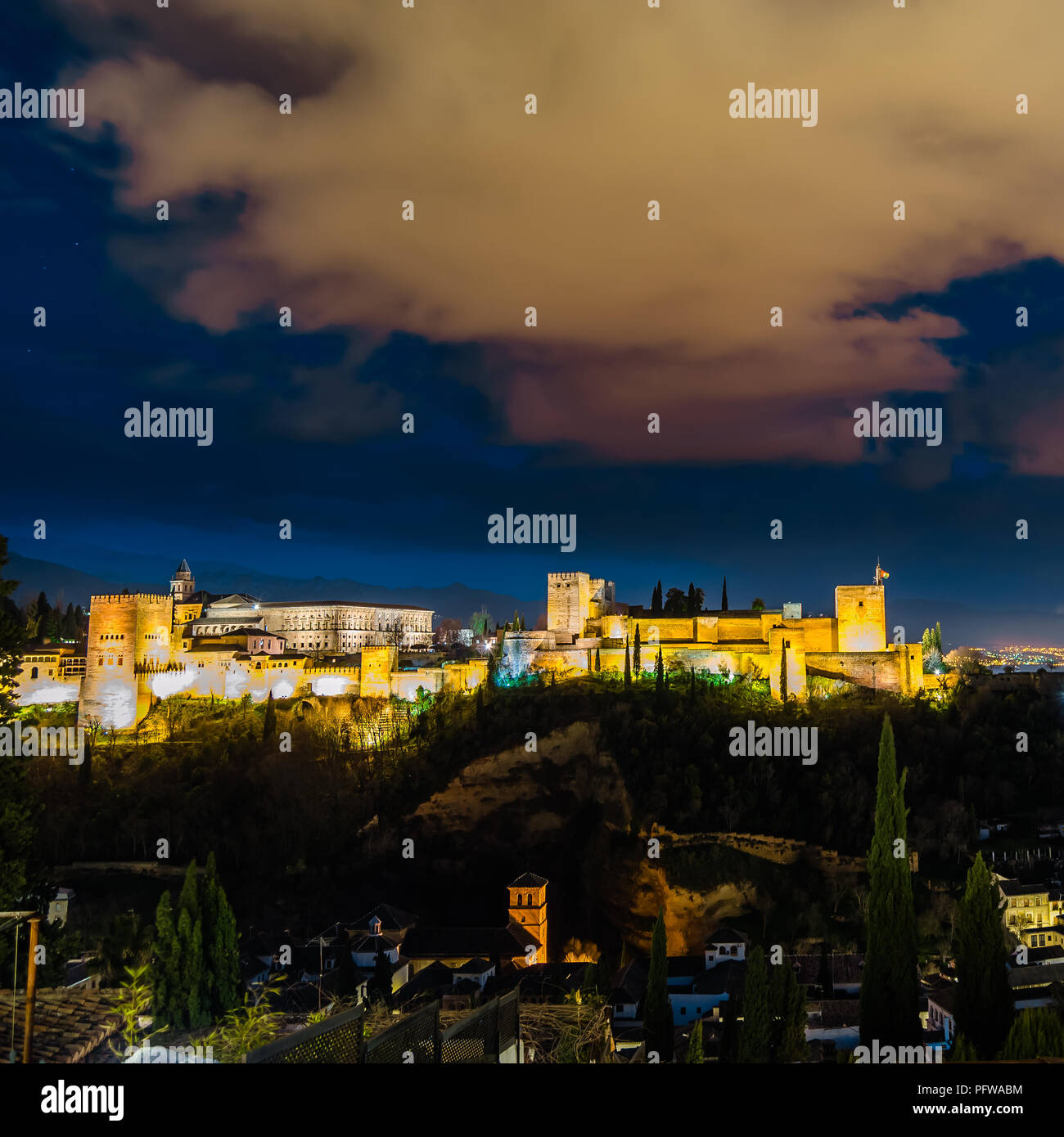 Cityscape of Granada, southern Spain, with the Alhambra Palace in the ...