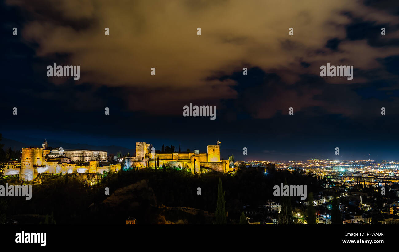 Cityscape of Granada, southern Spain, with the Alhambra Palace in the ...