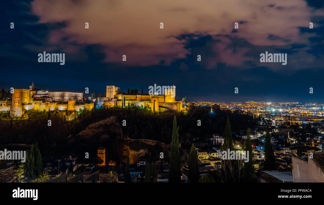 Cityscape of Granada, southern Spain, with the Alhambra Palace in the ...