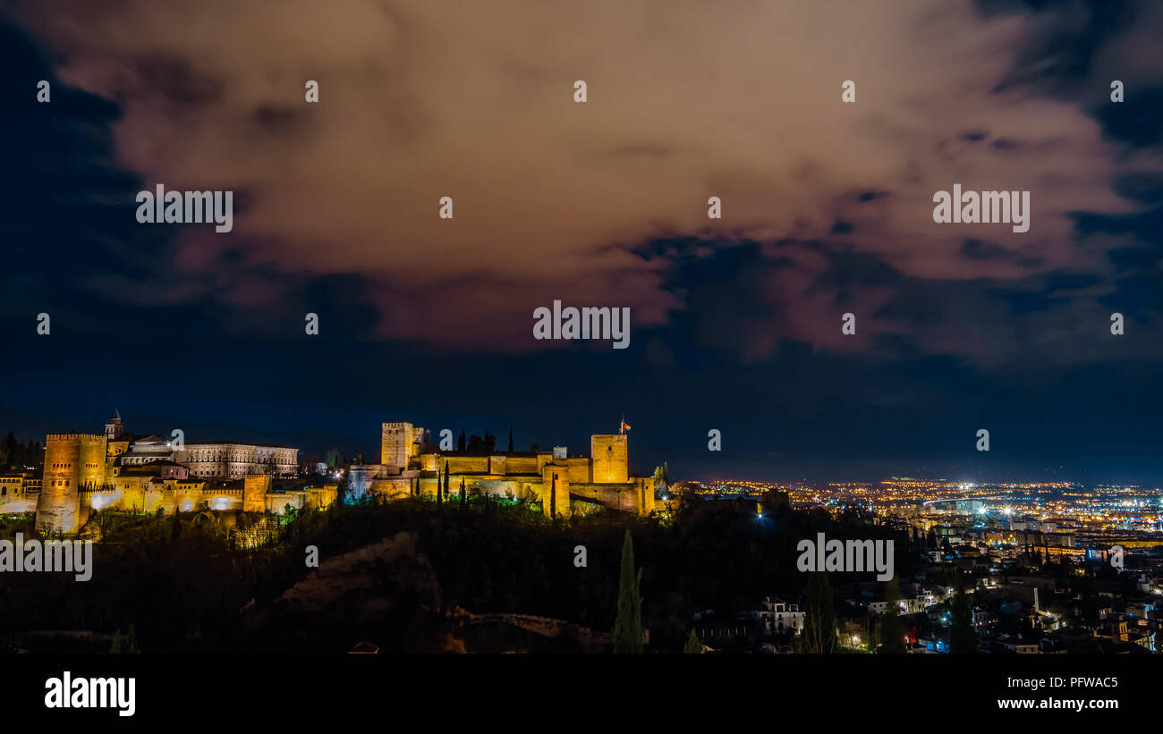 Cityscape of Granada, southern Spain, with the Alhambra Palace in the ...