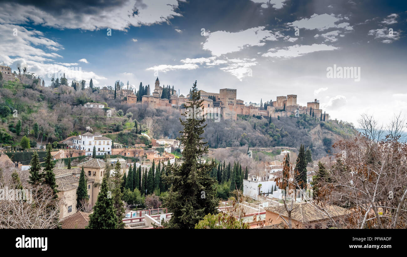 Cityscape of Granada, southern Spain, with the Alhambra Palace in the ...
