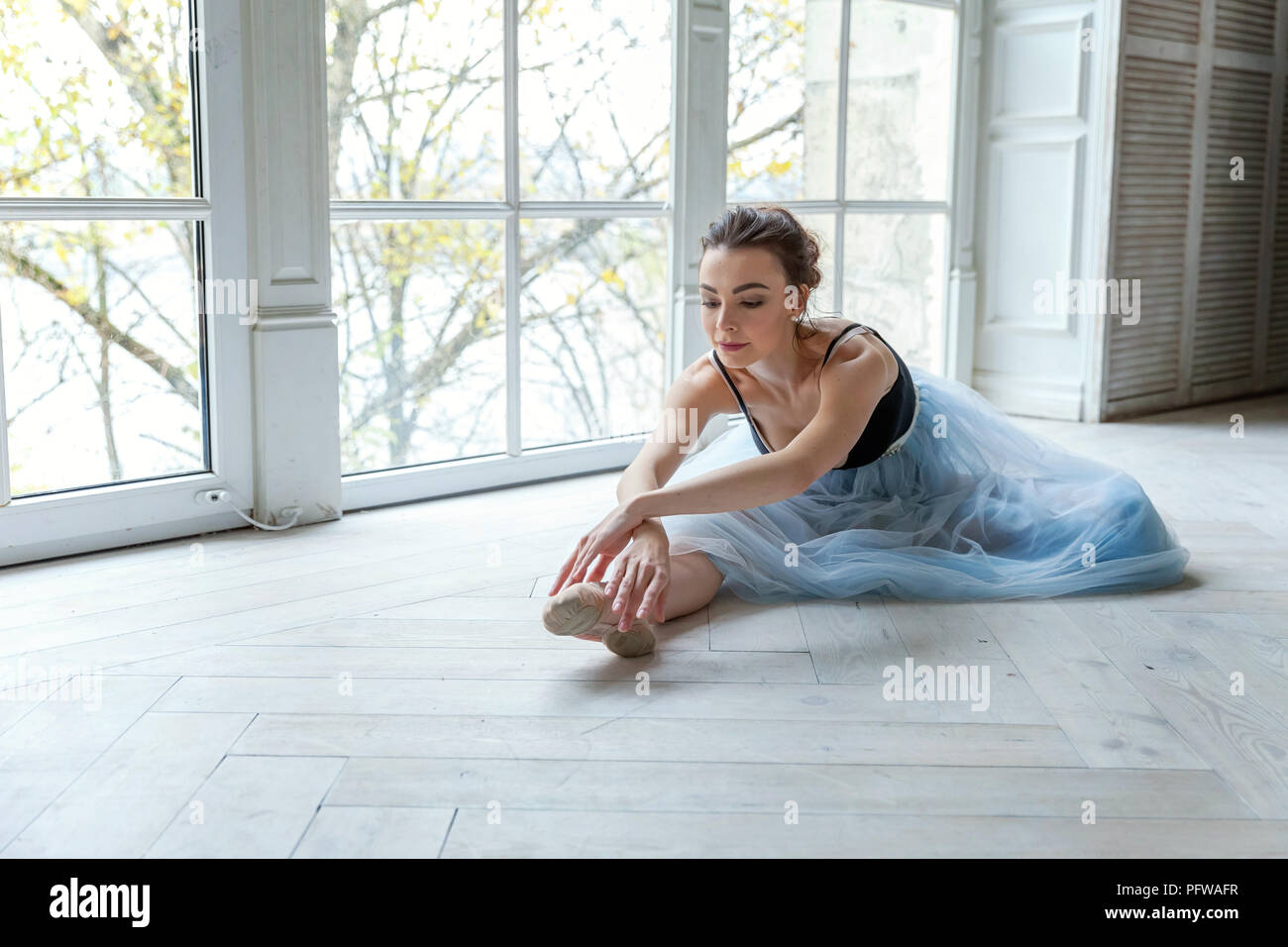 Ballerina in a blue ballet skirt. Beautiful graceful ballerine practice ballet positions in tutu ...