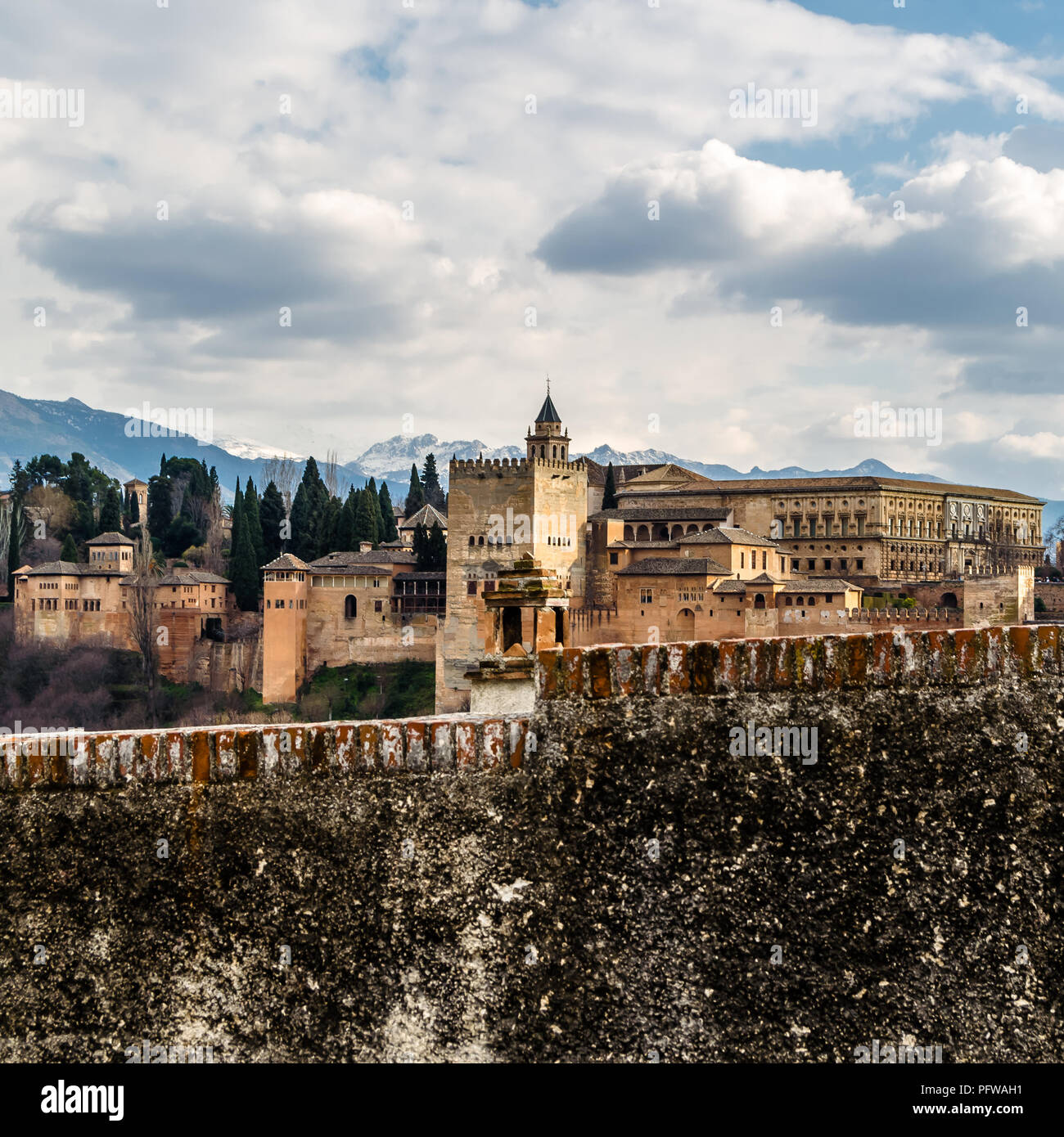 Cityscape of Granada, southern Spain, with the Alhambra Palace in the ...