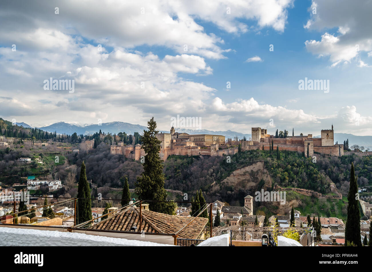 Cityscape of Granada, southern Spain, with the Alhambra Palace in the ...