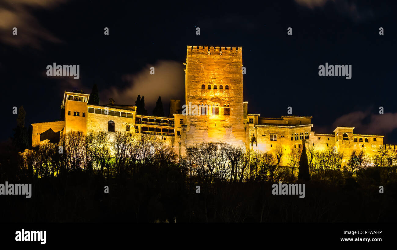 Cityscape of Granada, southern Spain, with the Alhambra Palace in the ...
