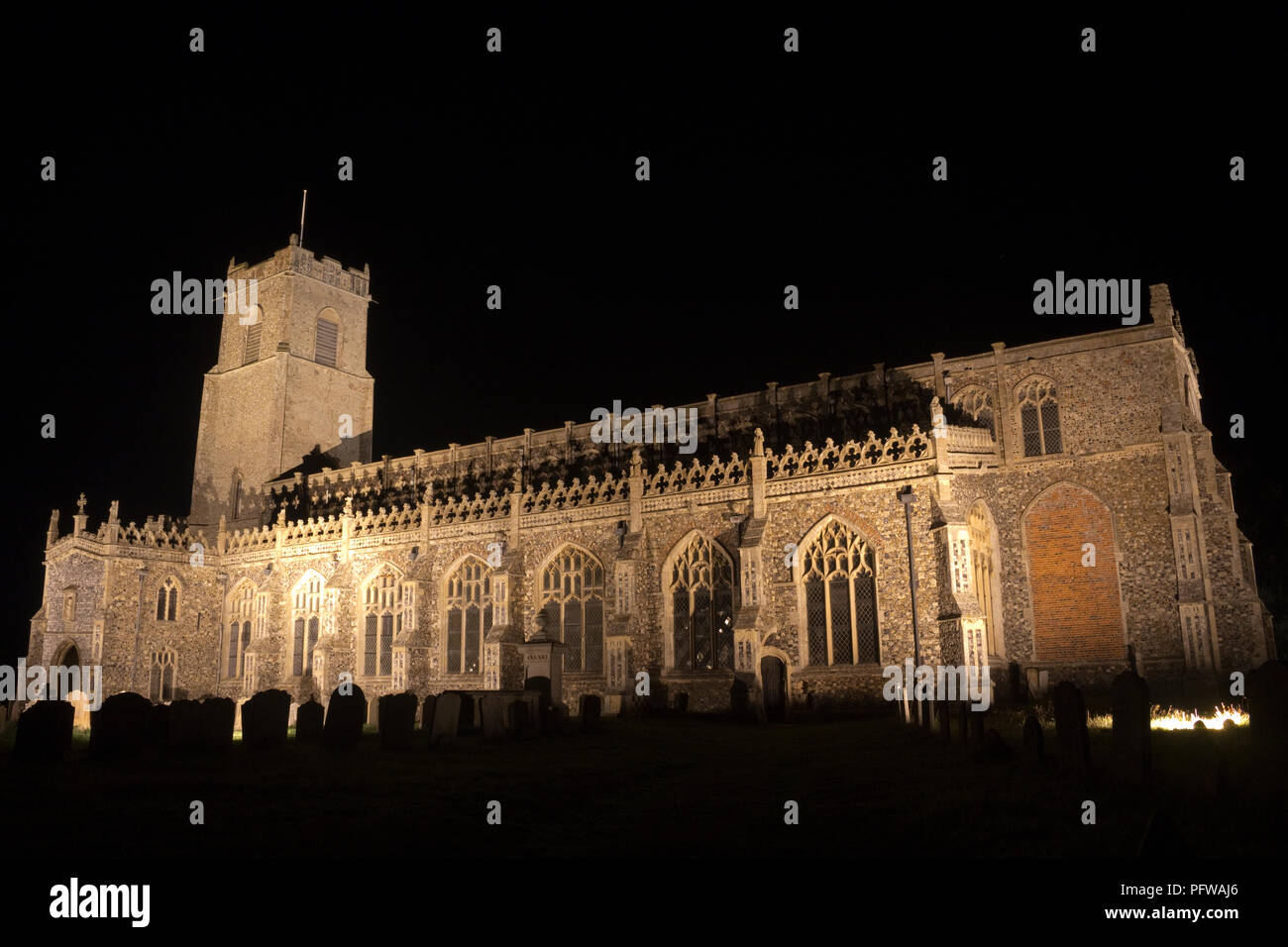 Holy Trinity Church, Blythburgh, Suffolk, England, floodlit at night ...