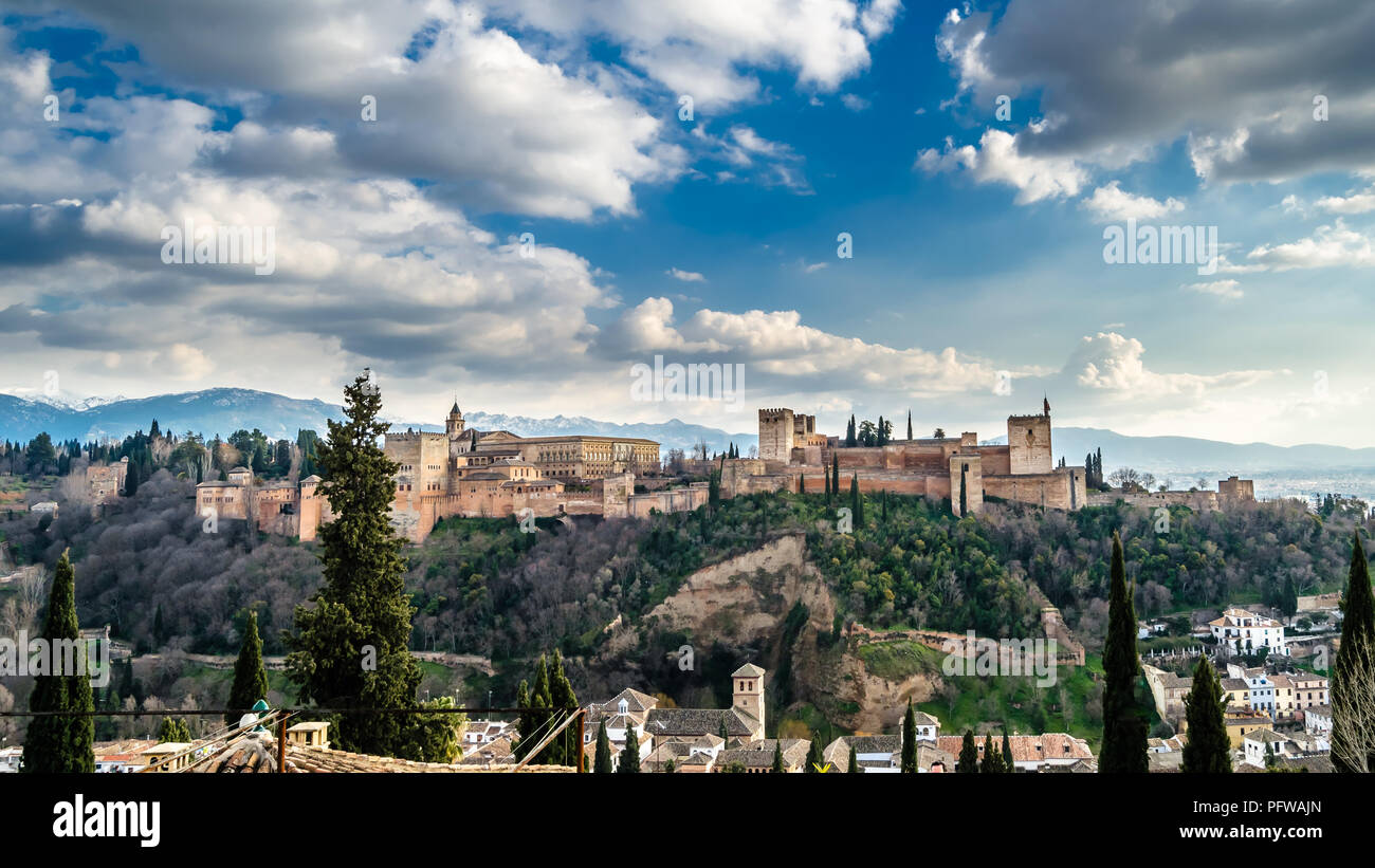 Cityscape of Granada, southern Spain, with the Alhambra Palace in the ...