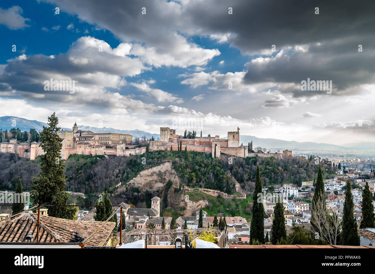 Cityscape of Granada, southern Spain, with the Alhambra Palace in the ...
