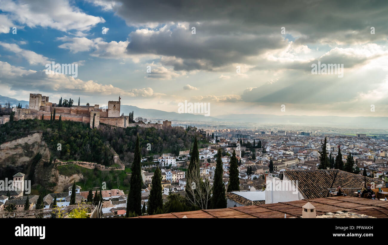 Cityscape of Granada, southern Spain, with the Alhambra Palace in the ...