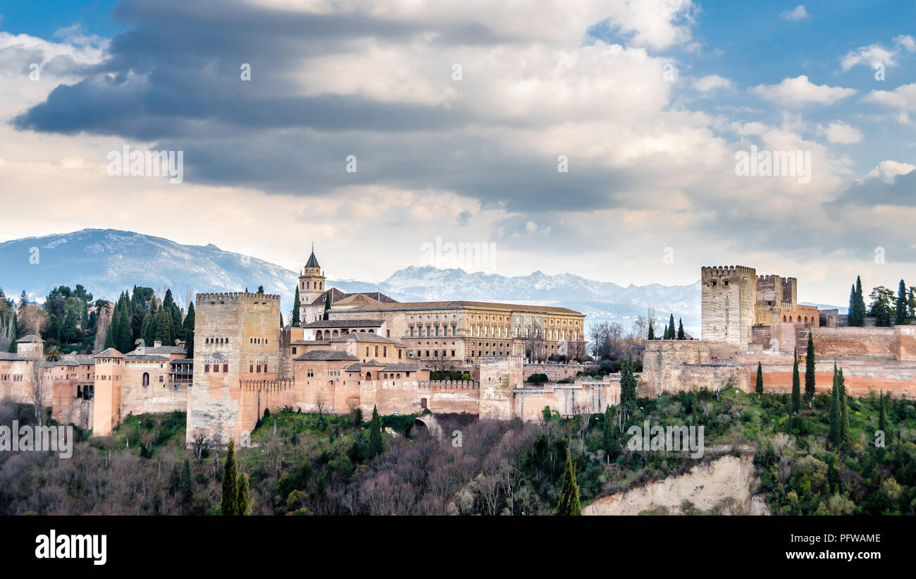 Cityscape of Granada, southern Spain, with the Alhambra Palace in the ...