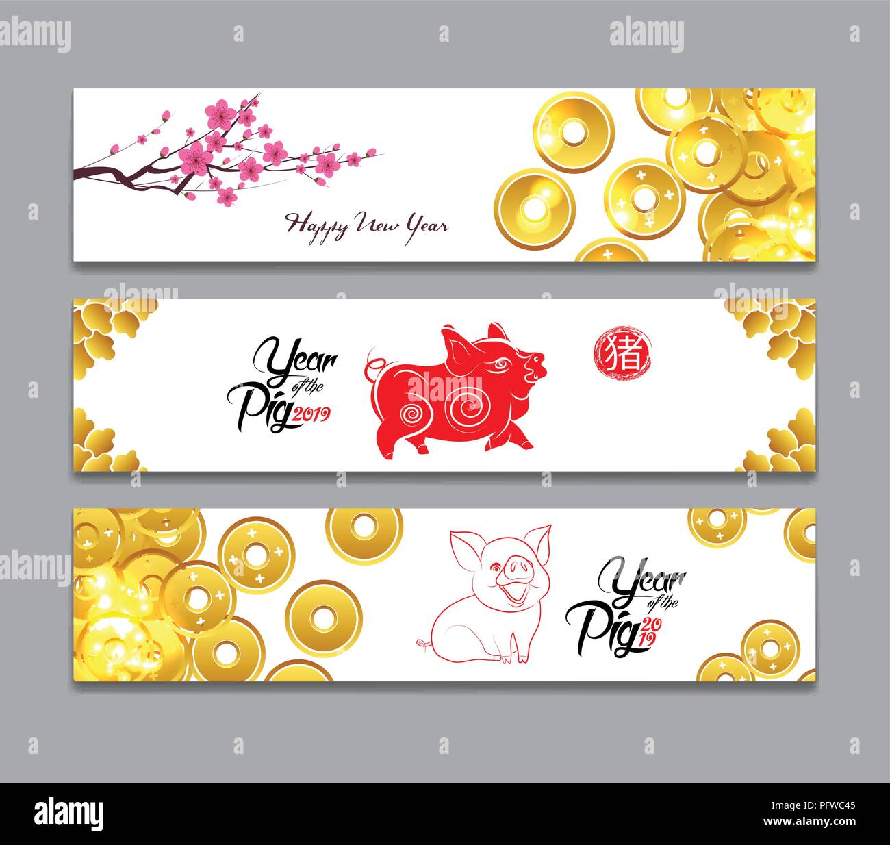 Horizontal Banners Set with Hand Drawn. Year of the pig Stock Vector ...