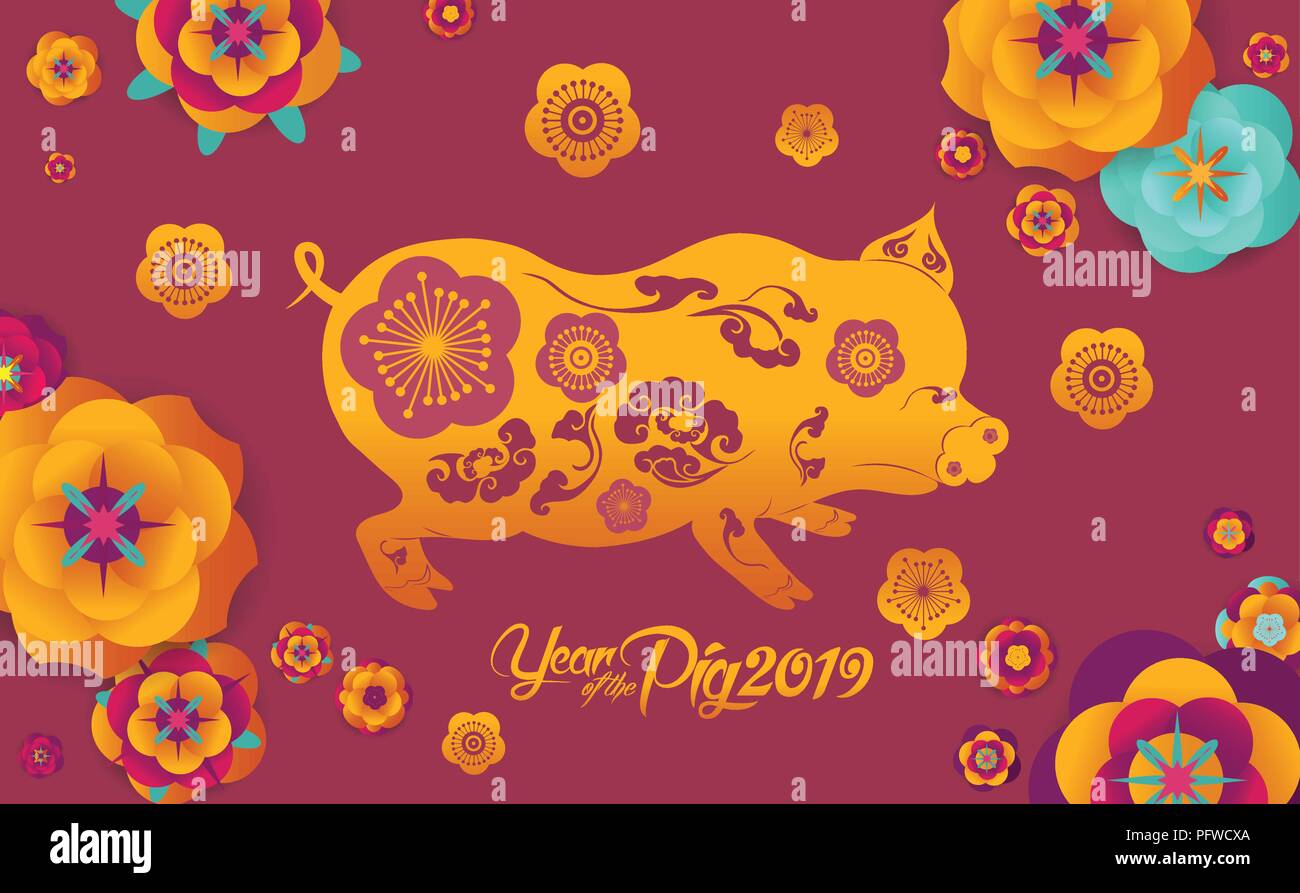 Happy Chinese New Year 2019 design, cute pig. Happy pig year in Chinese ...