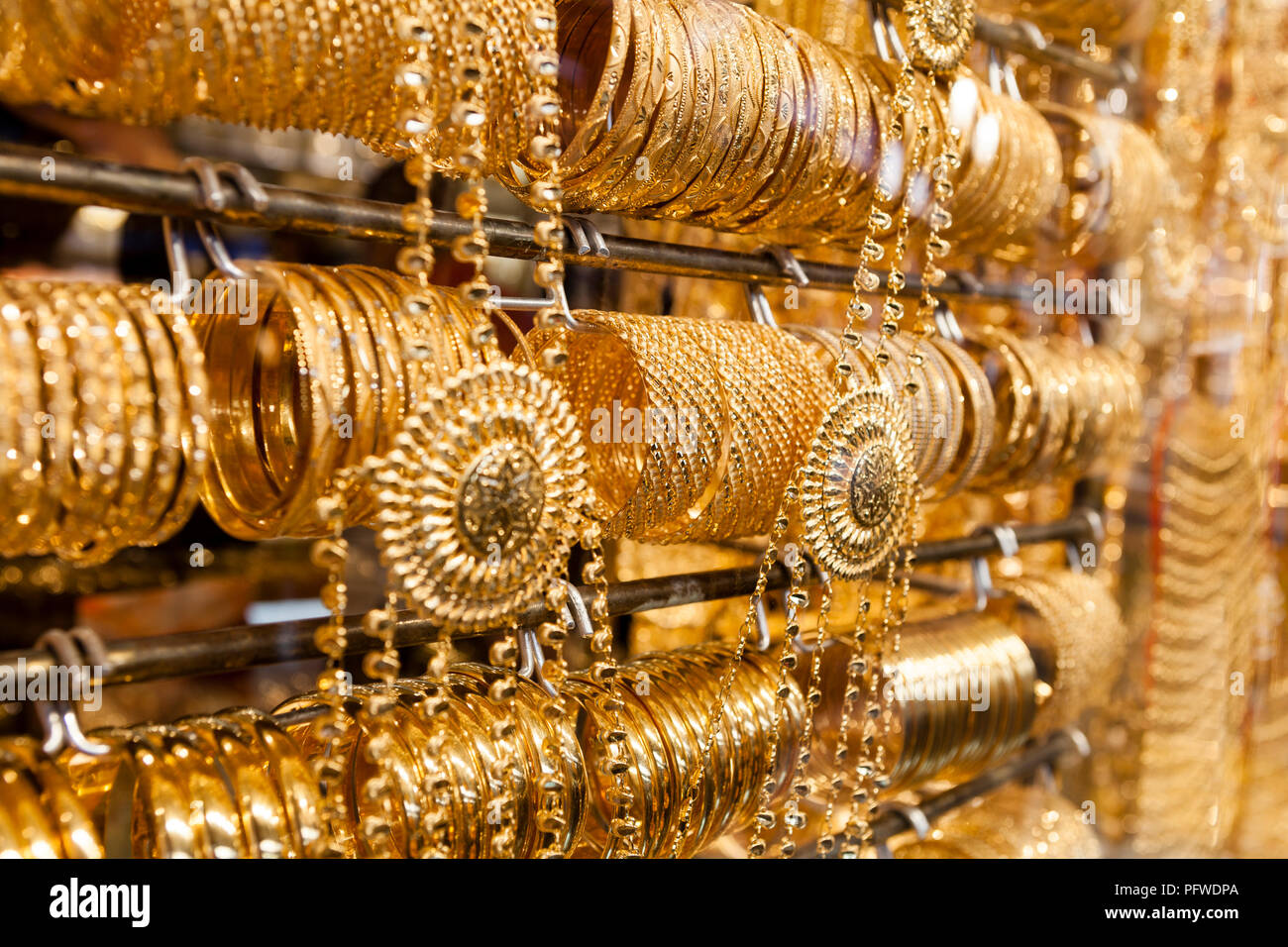 Display of gold jewellery bangles in the Gold Souk in Deira in Dubai ...