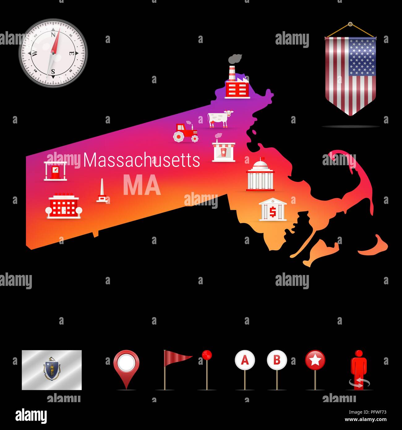 Massachusetts Vector Map, Night View. Compass Icon, Map Navigation ...
