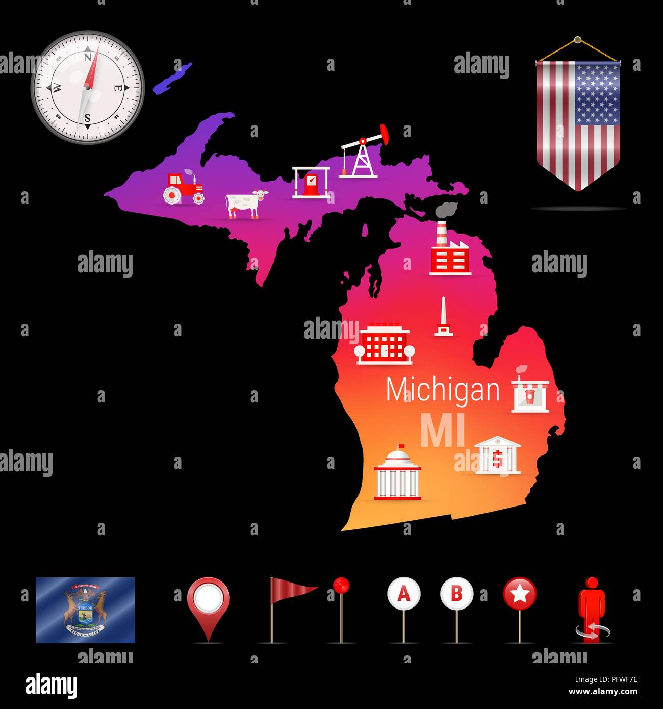 Michigan Vector Map, Night View. Compass Icon, Map Navigation Elements ...