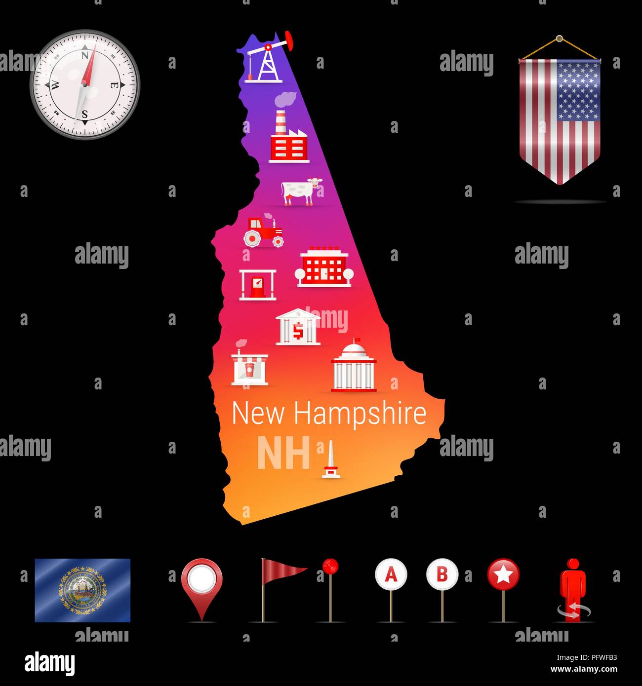 New Hampshire Vector Map, Night View. Compass Icon, Map Navigation ...