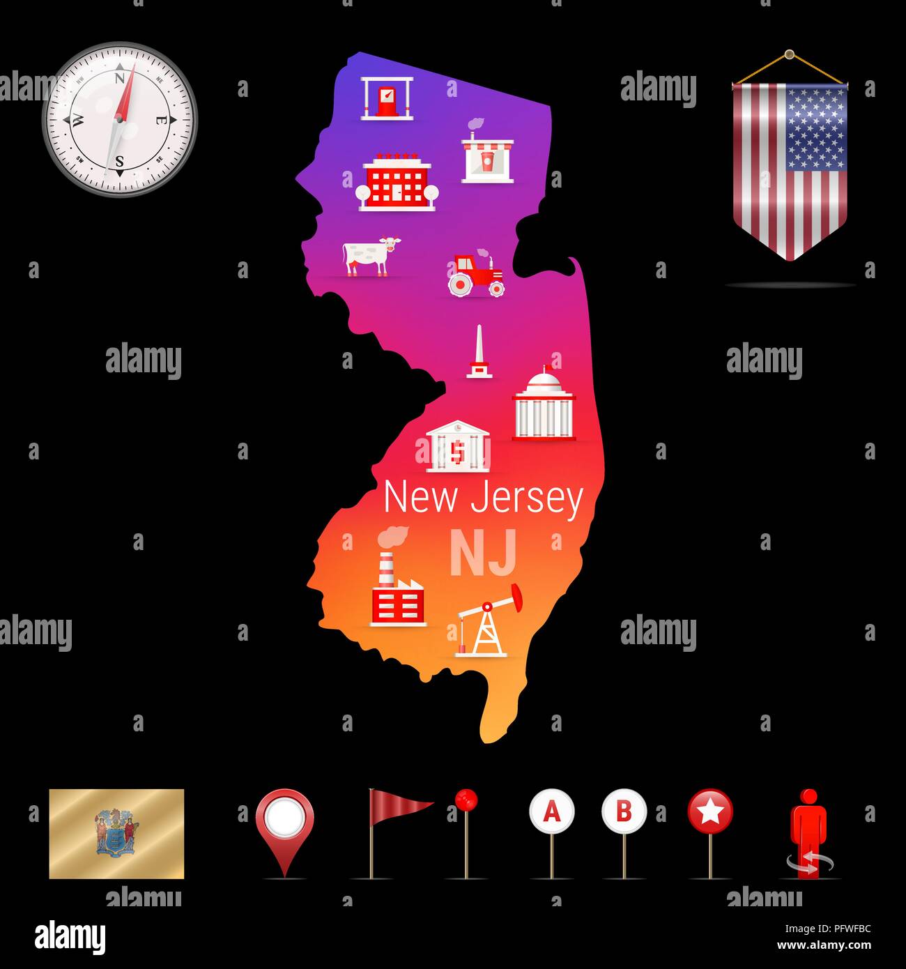 New Jersey Vector Map, Night View. Compass Icon, Map Navigation ...