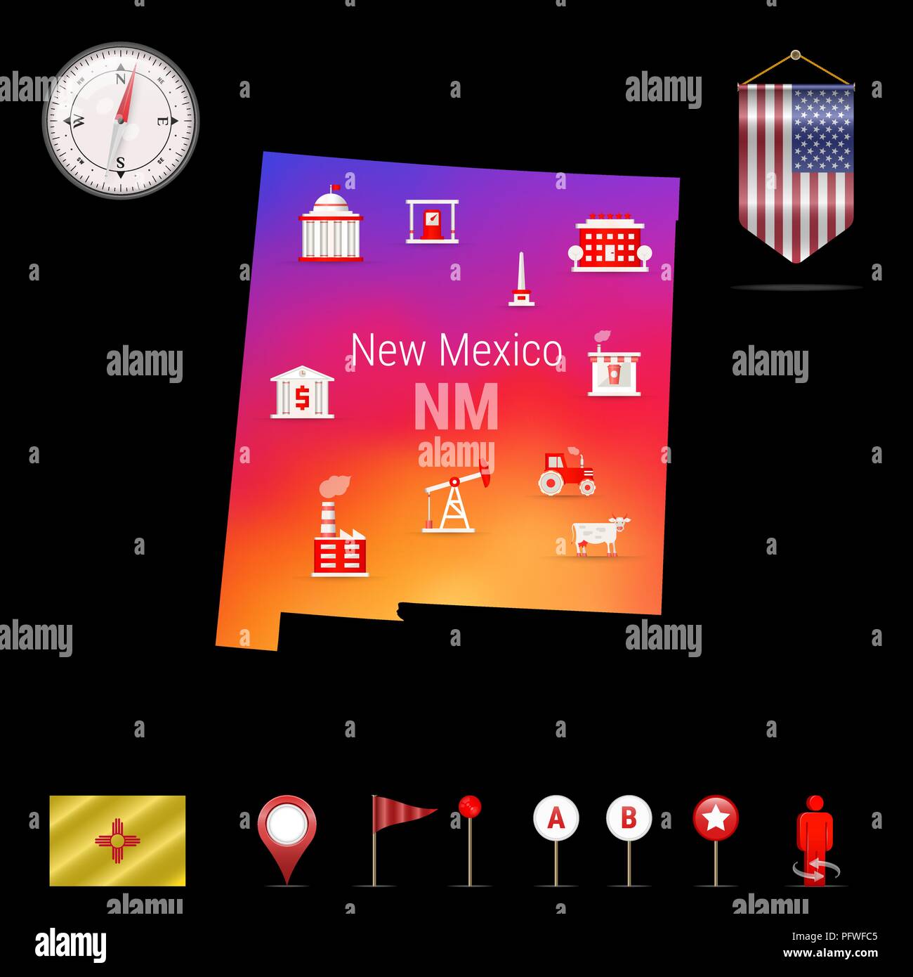 New Mexico Vector Map, Night View. Compass Icon, Map Navigation ...