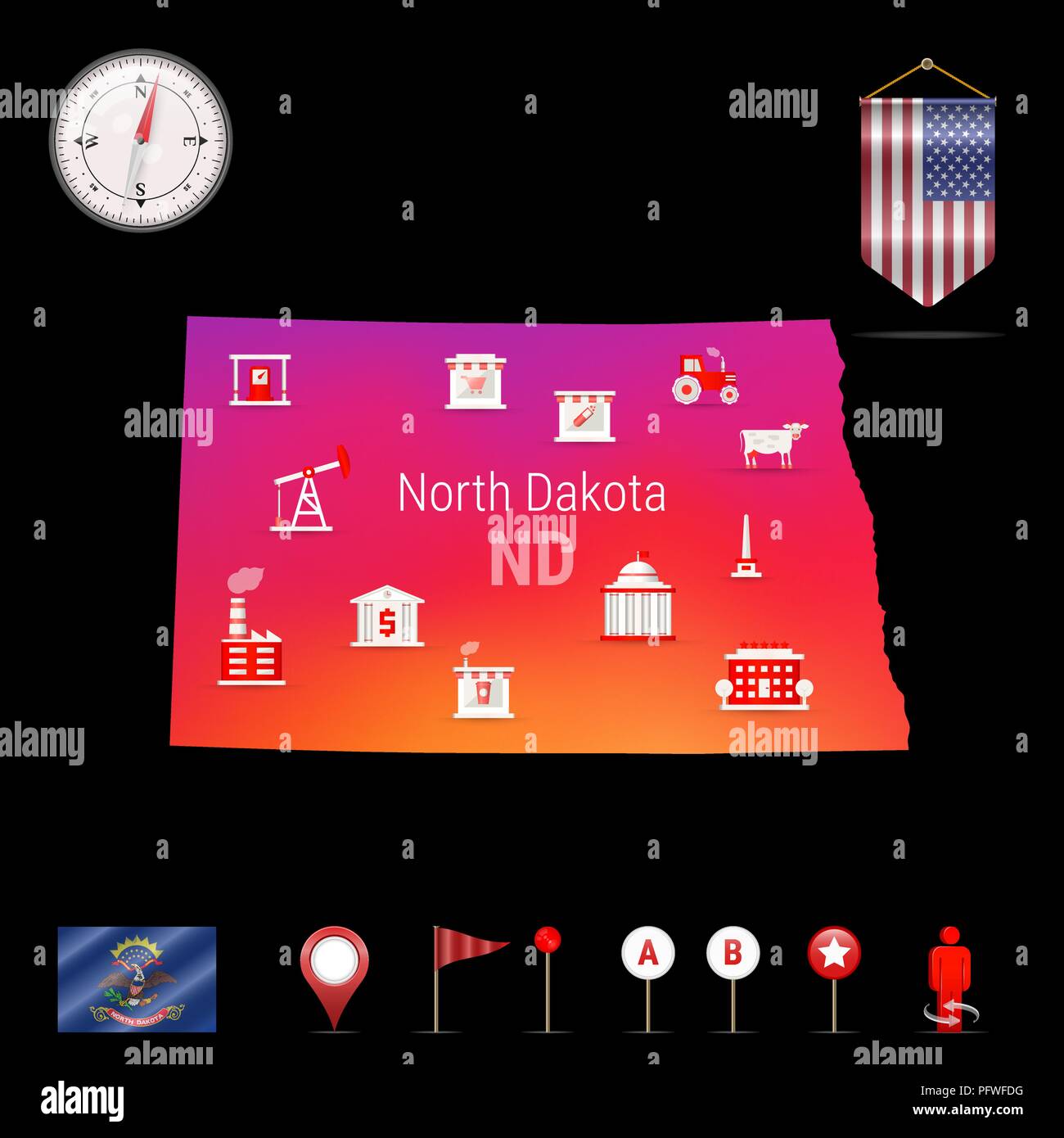 North Dakota Vector Map, Night View. Compass Icon, Map Navigation ...