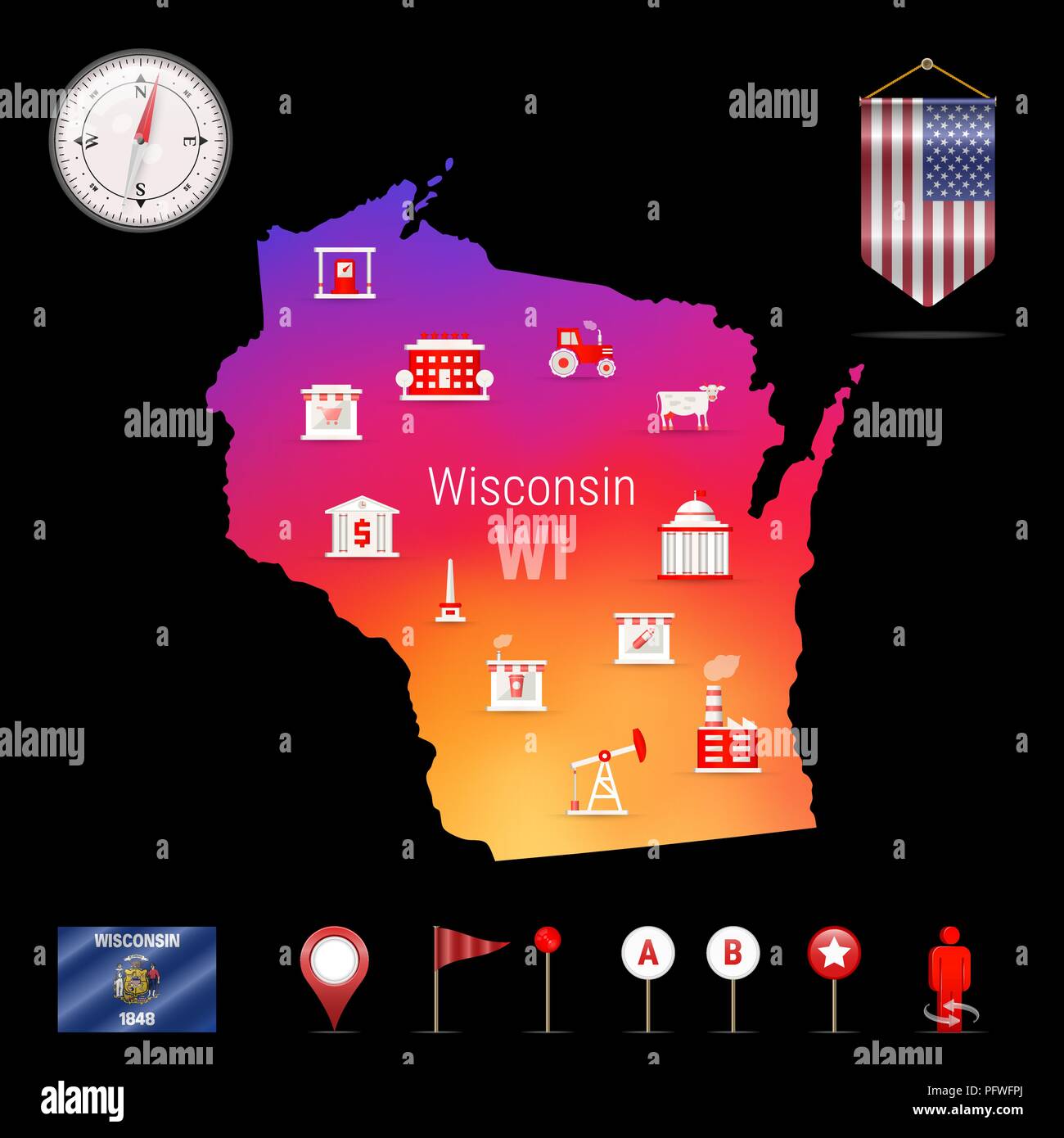Wisconsin Vector Map, Night View. Compass Icon, Map Navigation Elements ...