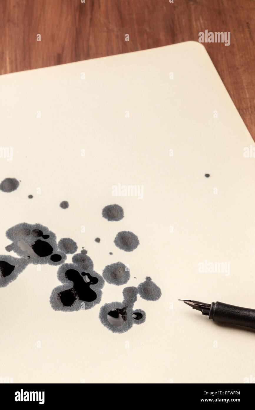 A photo of drops of ink on paper and a nib pen, with place for text ...