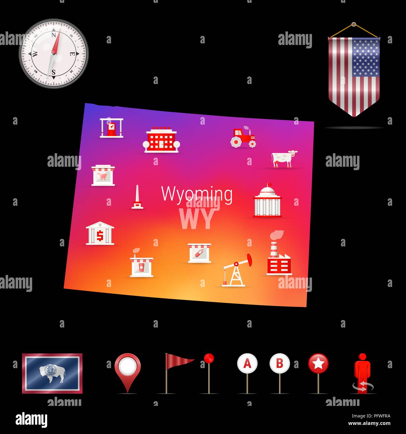Wyoming Vector Map, Night View. Compass Icon, Map Navigation Elements ...