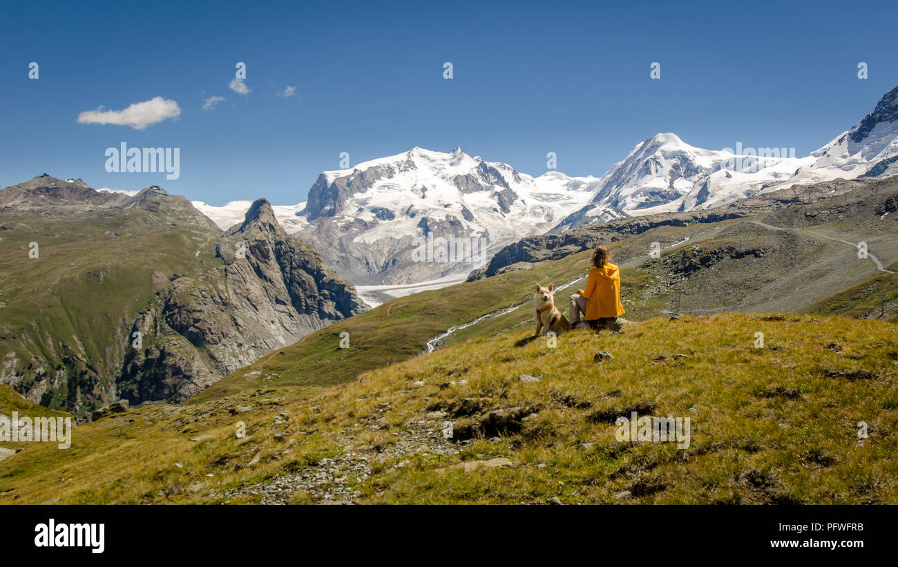 Dog and gril enjoying view in the swiss alps Stock Photo - Alamy