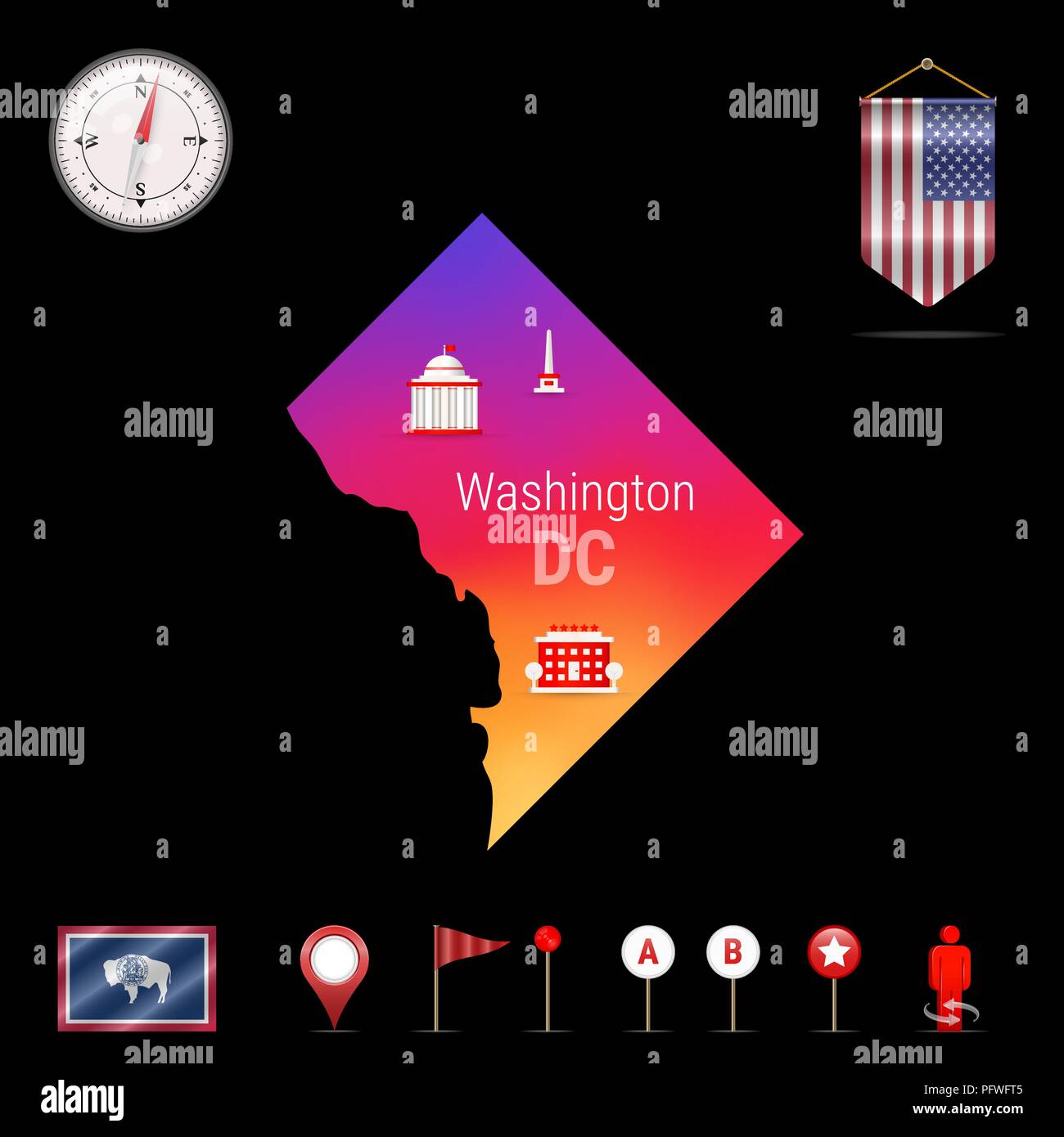 Washington, DC Vector Map, Night View. Compass Icon, Map Navigation ...