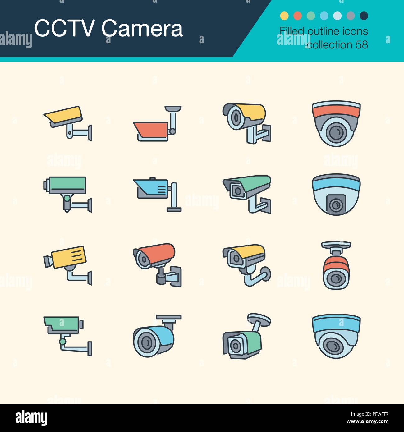 CCTV Camera icons. Filled outline design collection 58. For ...