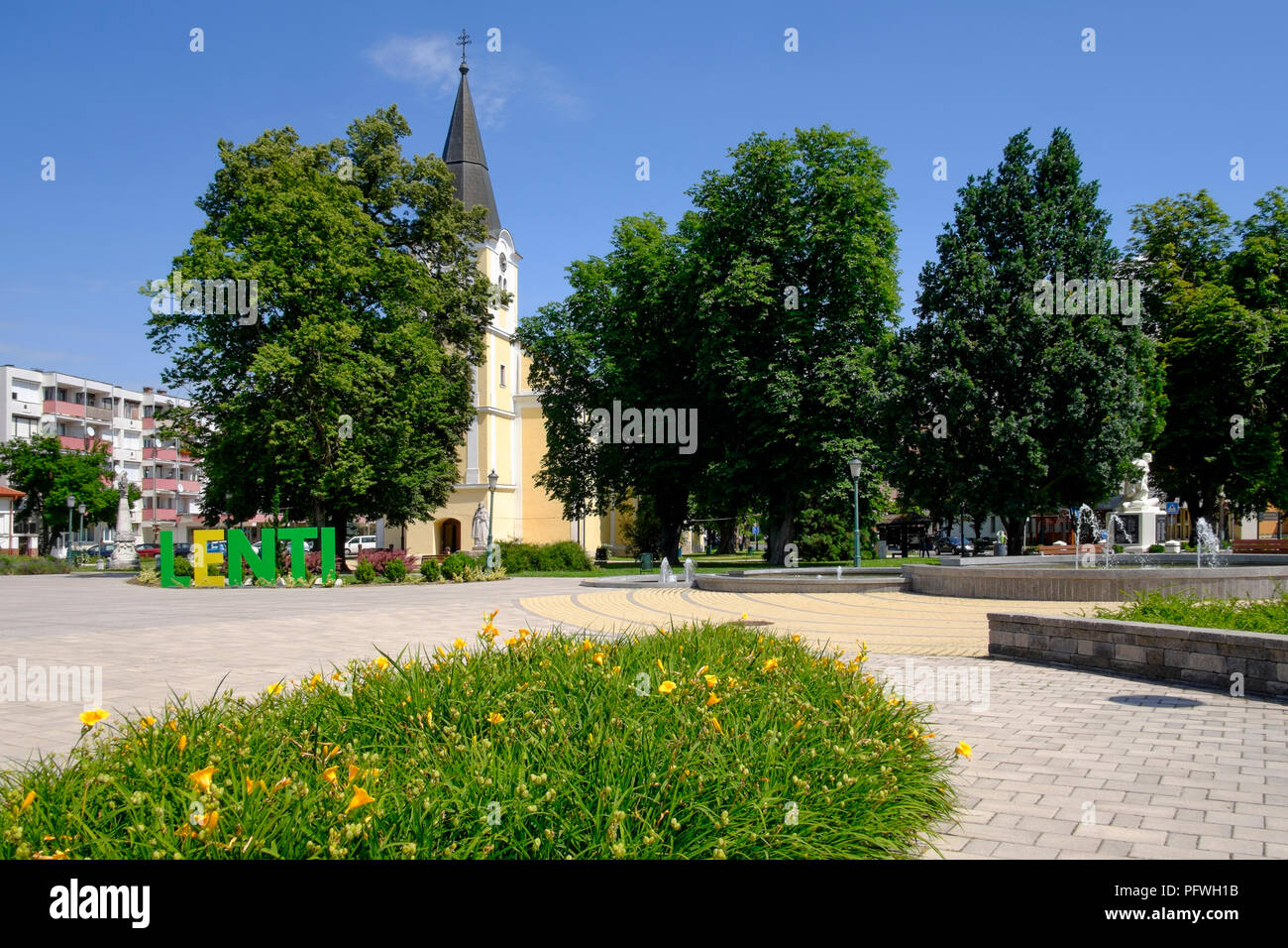 central square and szent mihaly arkangyal templom catholic church lenti ...