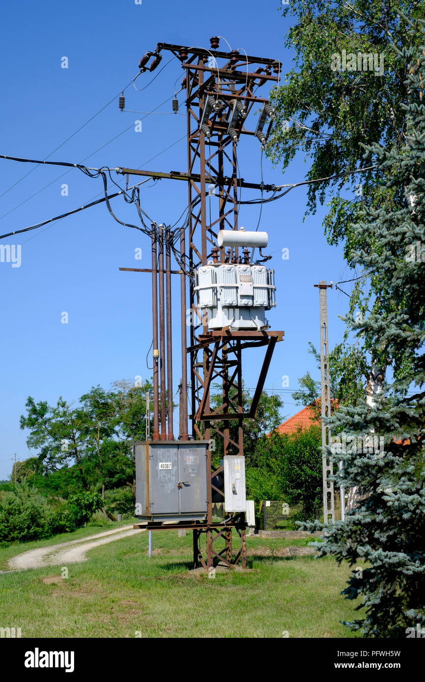 electrical pylon and transformer in rural village csesztreg zala county ...