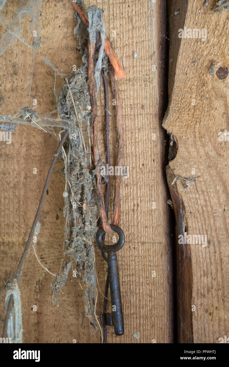 old key hanging by twine in an old dirty dusty shed Stock Photo - Alamy