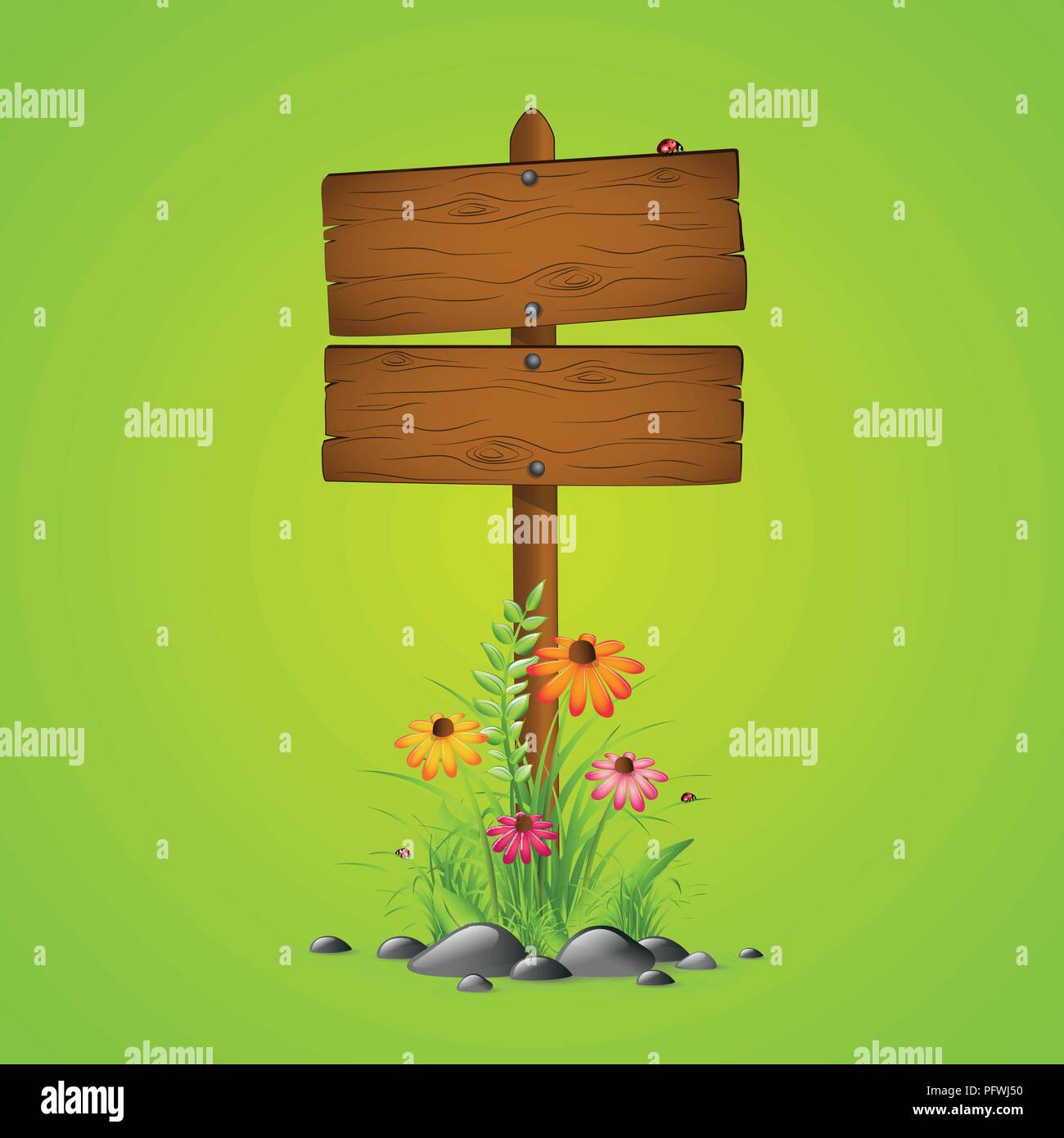 wooden sing spring season vector green background illustration EPS10 ...