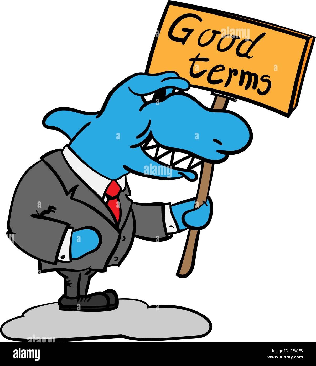 Grinning cartoon shark holding a sign with the words Good terms, vector ...
