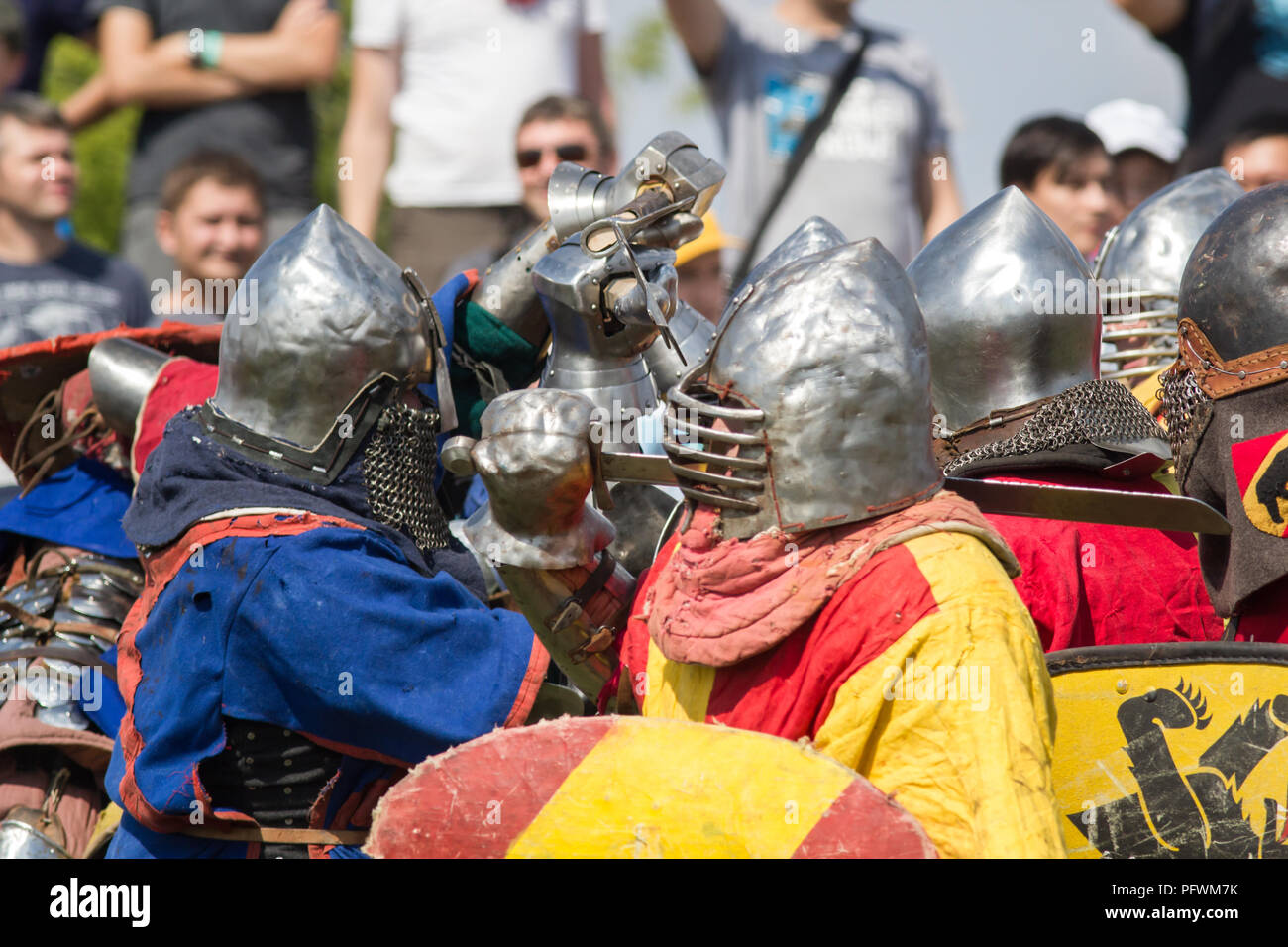 Bulgar, Russian Federation - August 2018, - men in knight's suits ...