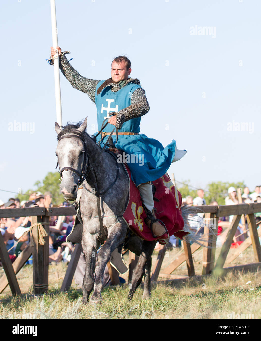 Bulgar, Russian Federation - August 2018, - athletic man in armor in ...