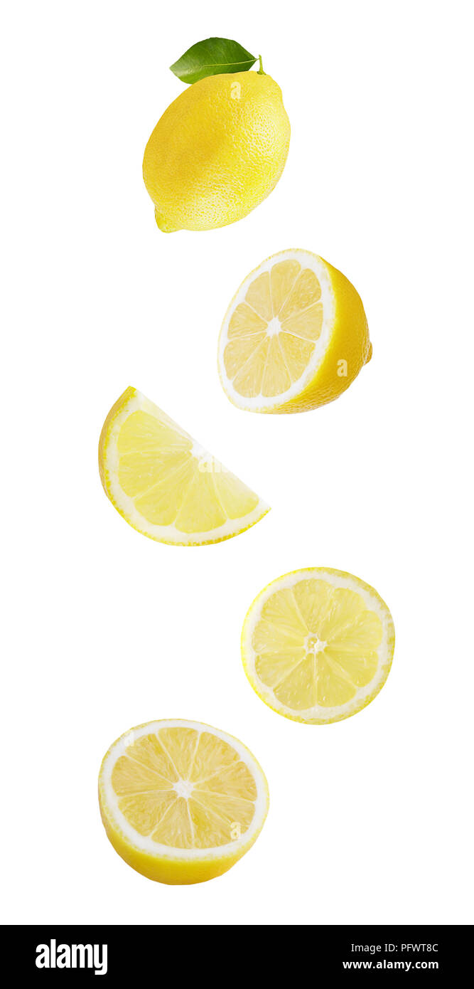 Flying lemon fruits isolated on white background Stock Photo - Alamy