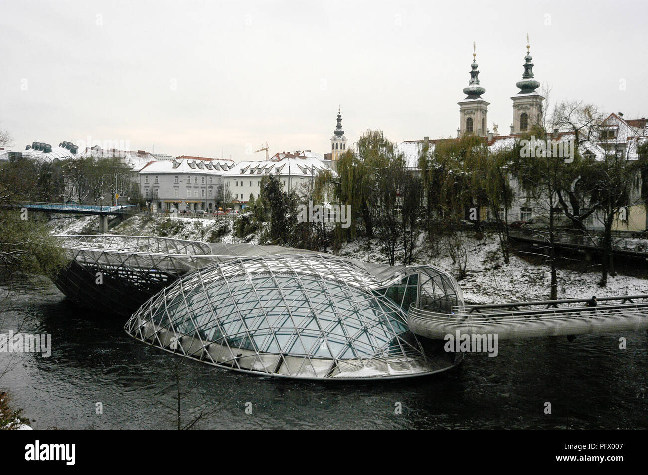 The Murinsel designed as a Sea shell or giant mussel sits on an island ...