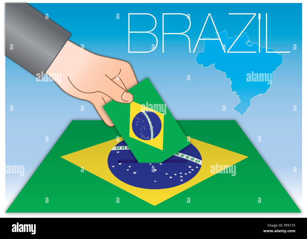 Brazil, voting ballot box with Brazilian flag and hand, graphic vector ...