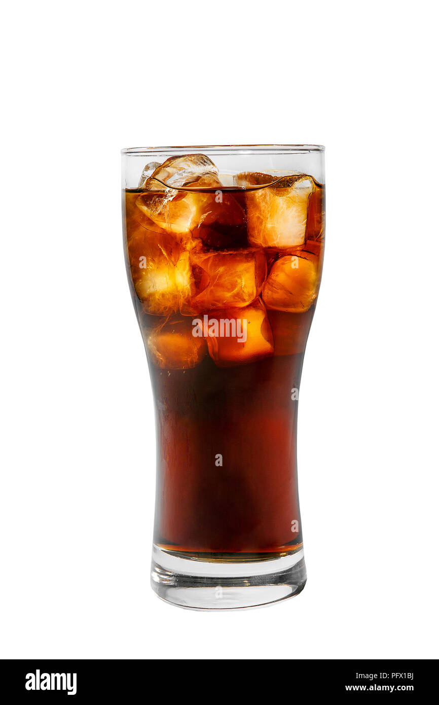 One-color, red, brown, transparent cocktail with ice cubes. Side view ...