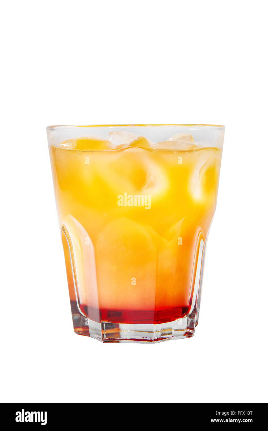 Multi-colored two-layer opaque cocktail in a low glass with ice cubes ...