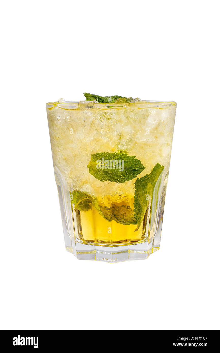 Transparent one-color cocktail in a low glass with crushed ice frappe ...