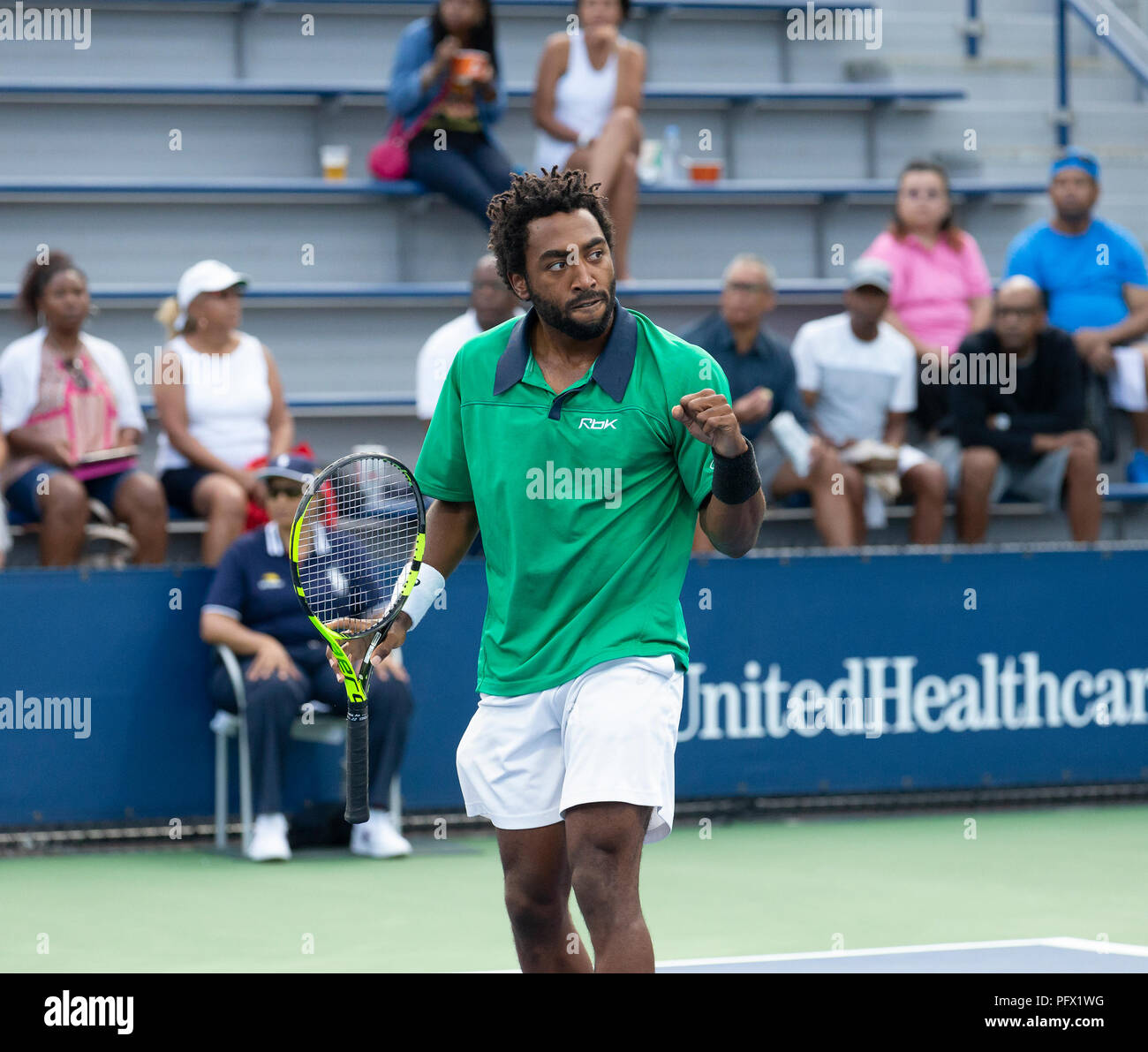 Evan King of USA reacts during qualifying day 1 against Christian Garin ...