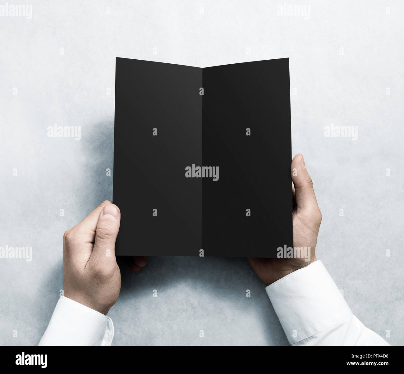Hand opening blank black flyer brochure booklet mockup. Leaflet ...