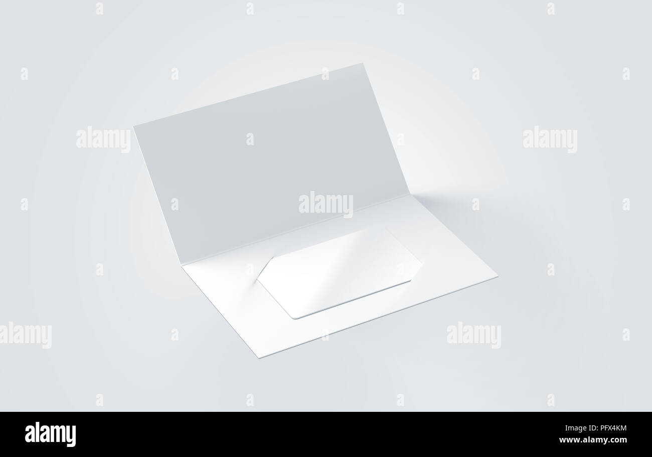 Blank white plastic card mockup inside paper booklet holder, 3d ...