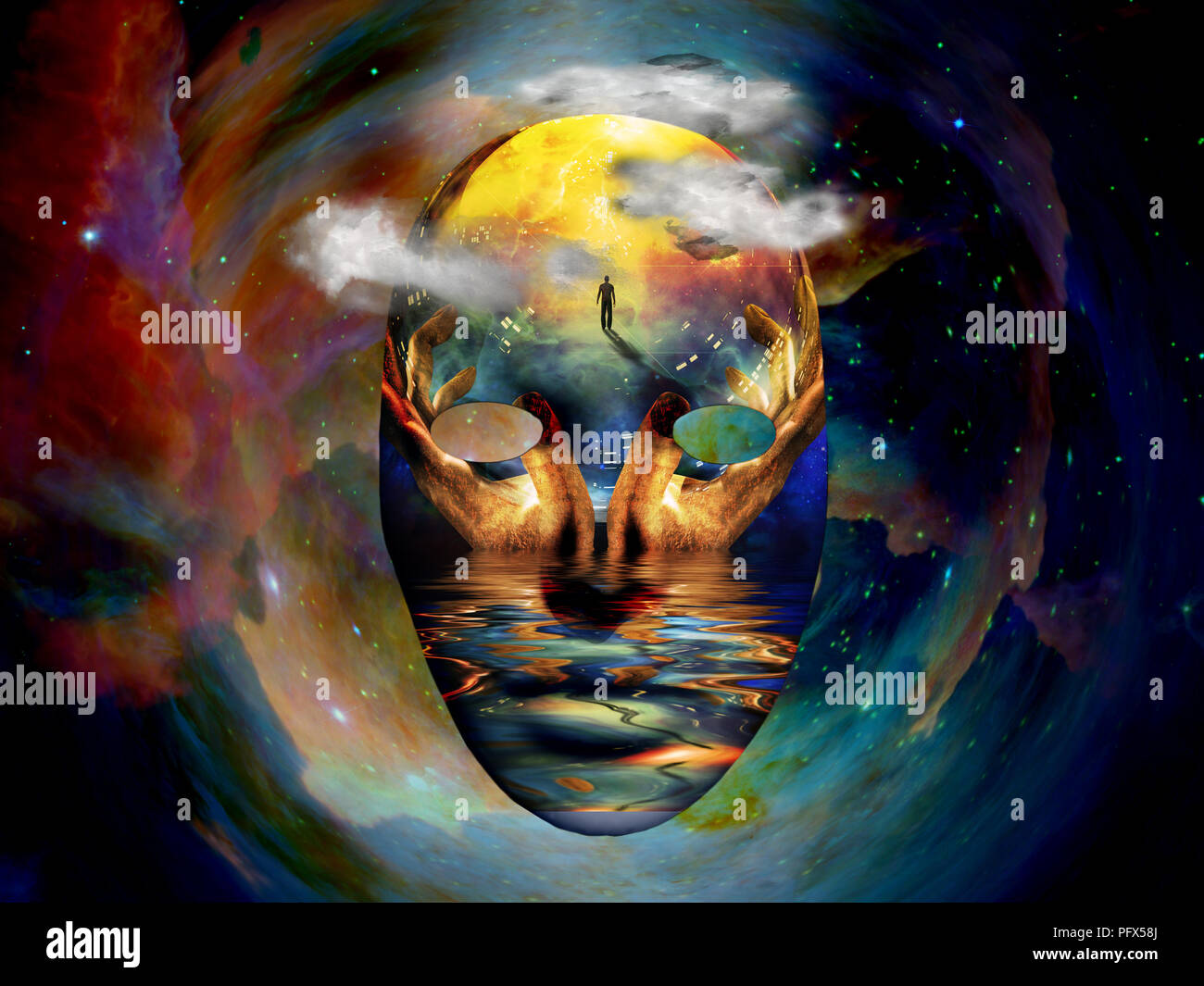 Mask with surreal painting in the space Stock Photo - Alamy
