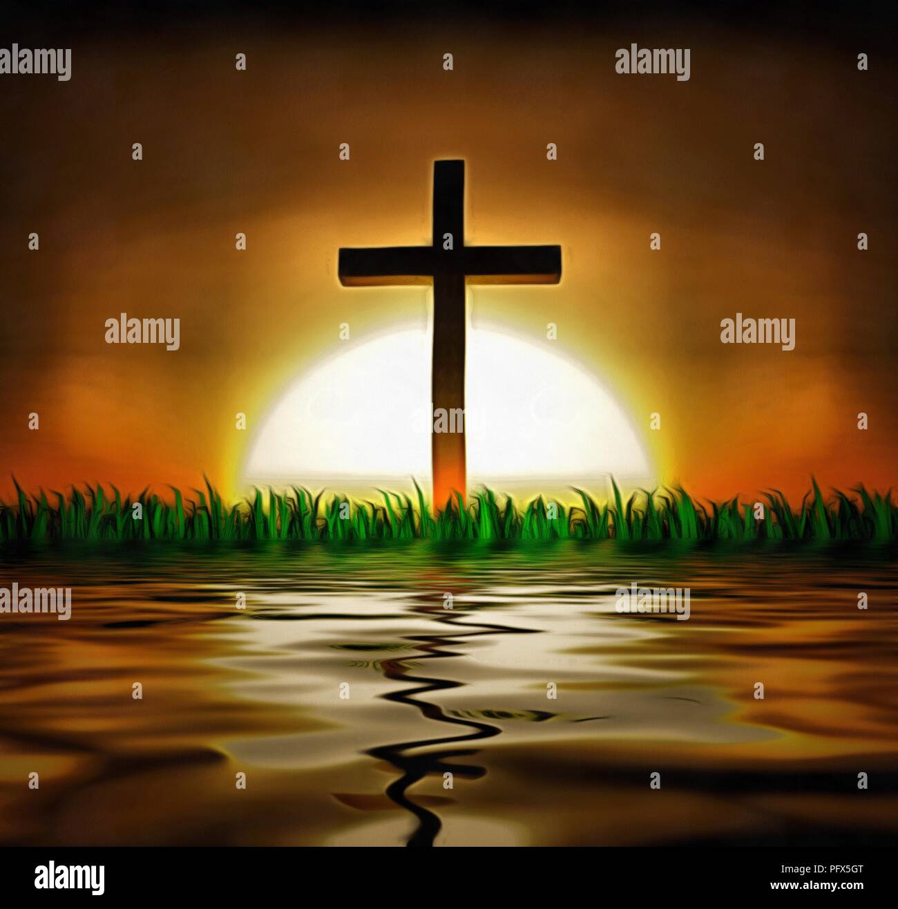 Surrealism. Cross on a sunset Stock Photo - Alamy
